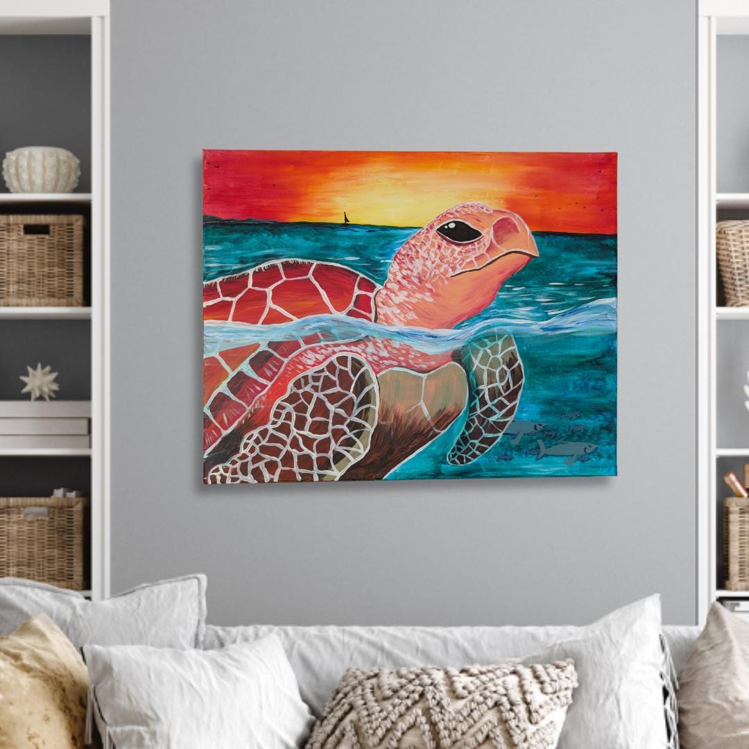 Sea Turtle Sunset Original Painting: Ocean Wildlife Coastal Wall Decor ...