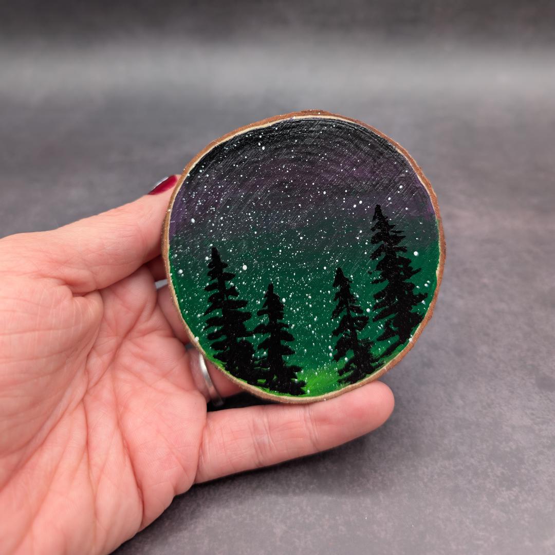 Starry Night Forest Wood Coasters: Hand-painted Tree Slice Coasters ...