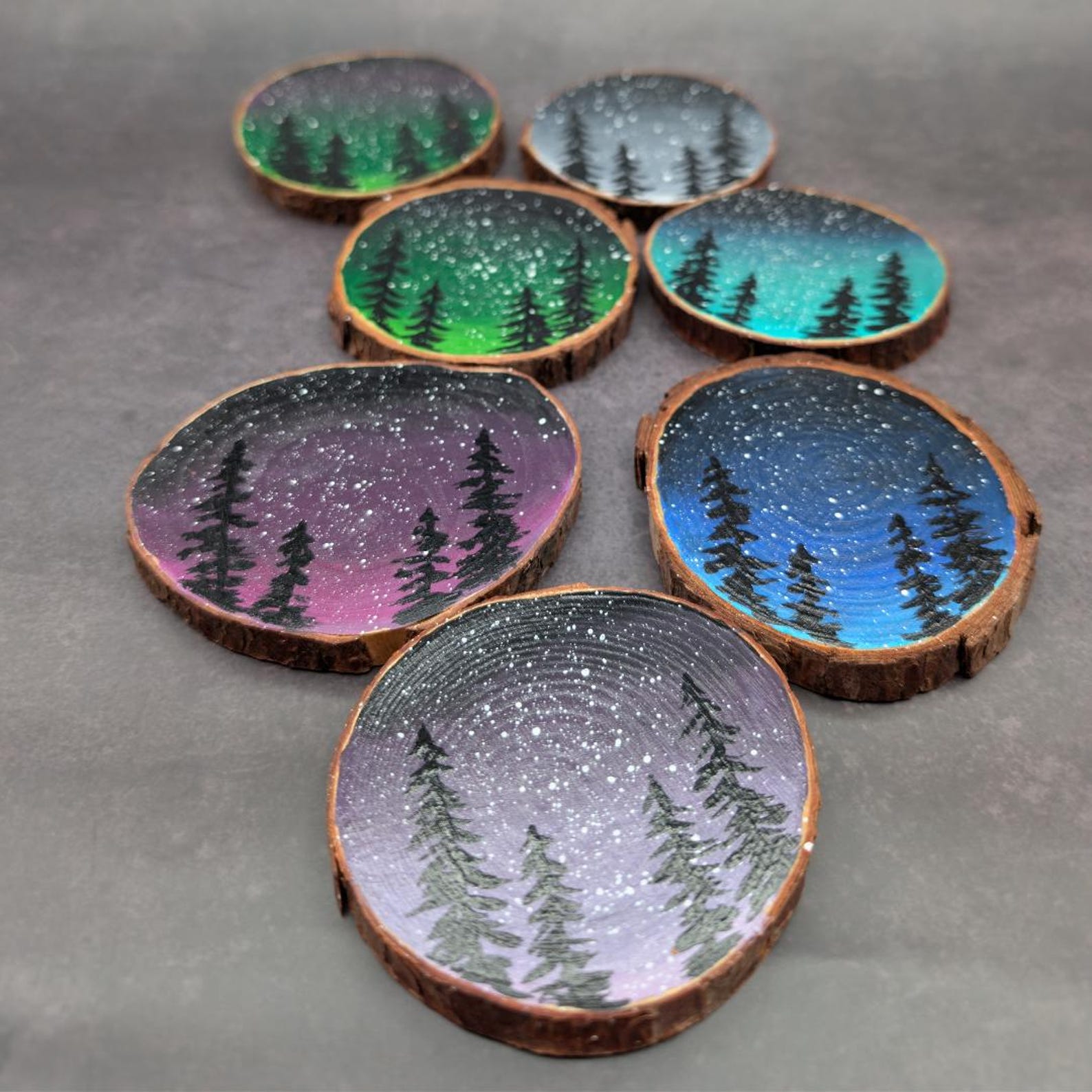 Starry Night Forest Wood Coasters: Hand-painted Tree Slice Coasters ...