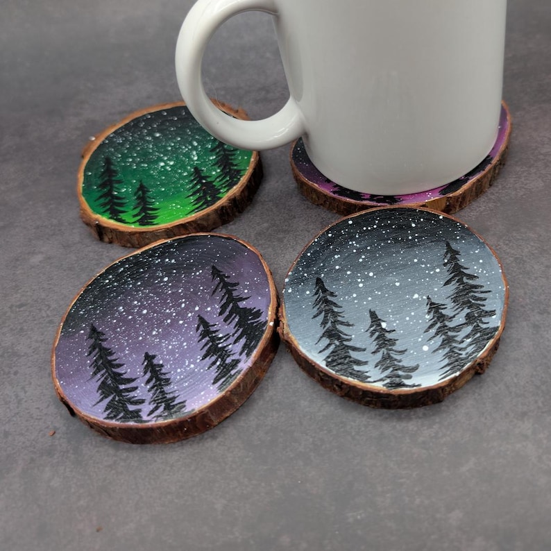 Starry Night Forest Wood Coasters: Hand-painted Tree Slice Coasters ...