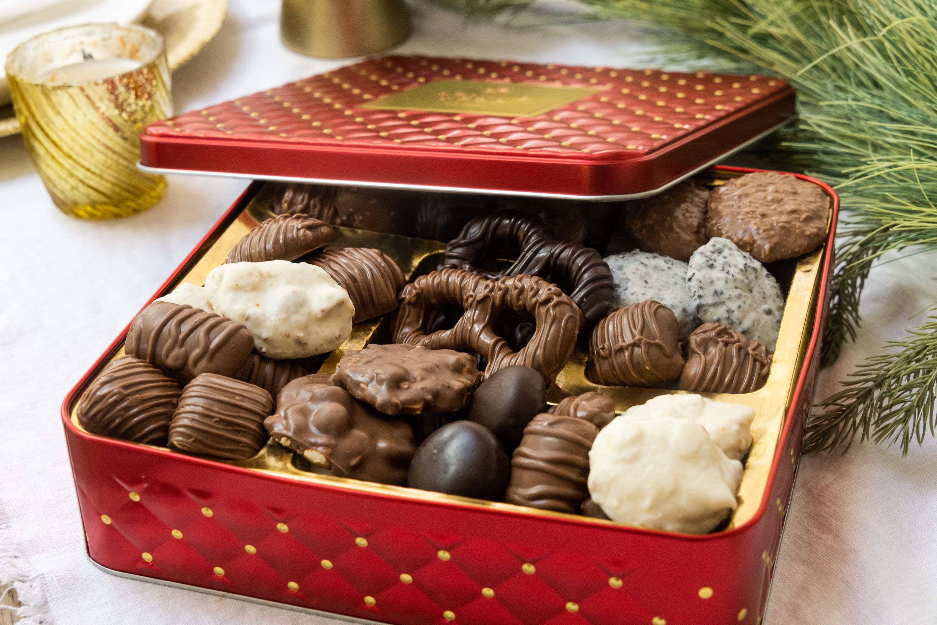 Christmas Chocolate Gift Basket, Tin Filled With Chocolate Assortment ...