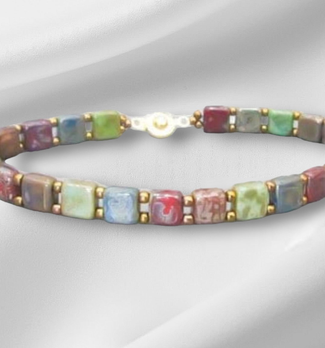 Multicolor Tile Bead Bracelet * Pink and Gold Bangle * Boho Stackable ...