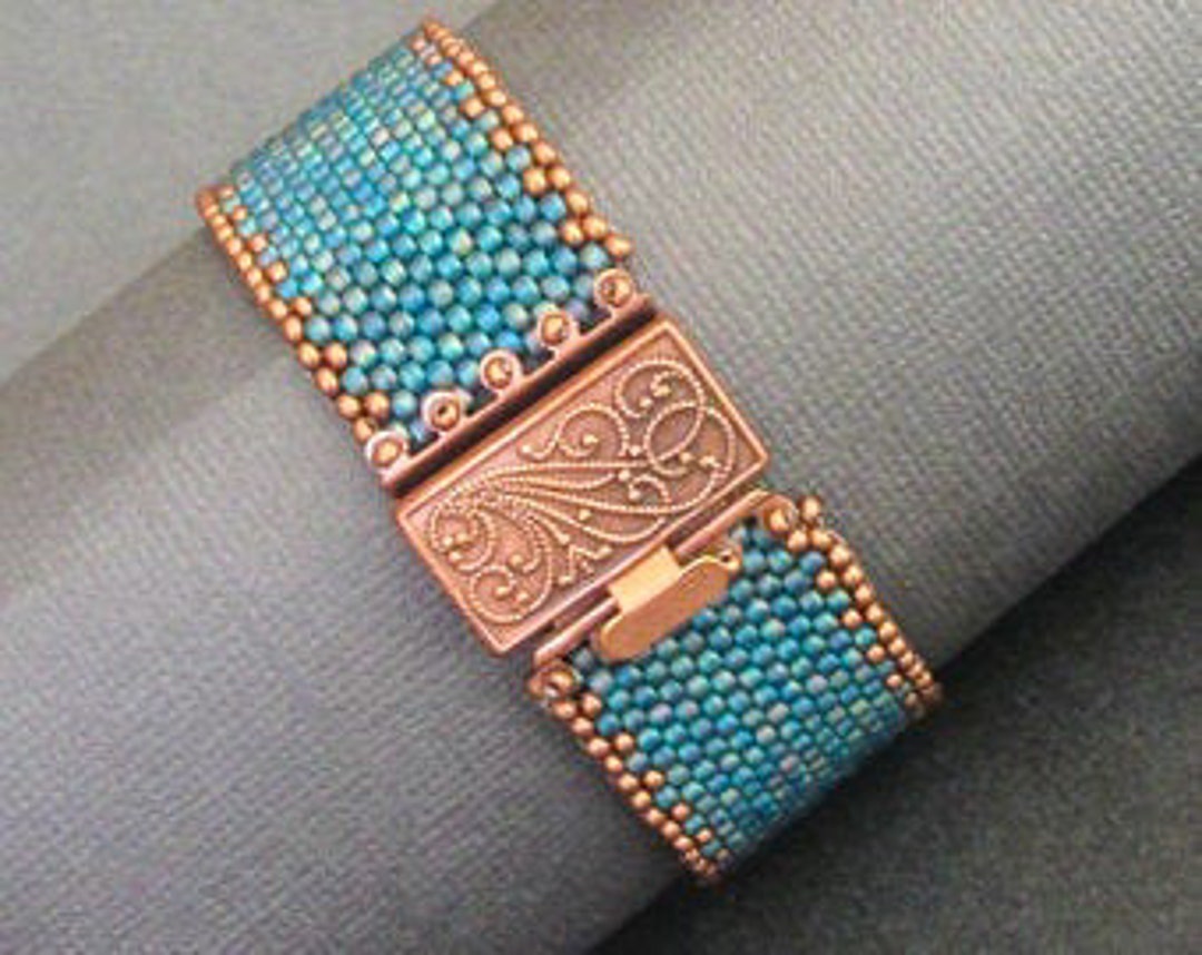 Southwestern Beaded Cuff Teal and Copper Seed Bead Bracelet Boho Beaded ...