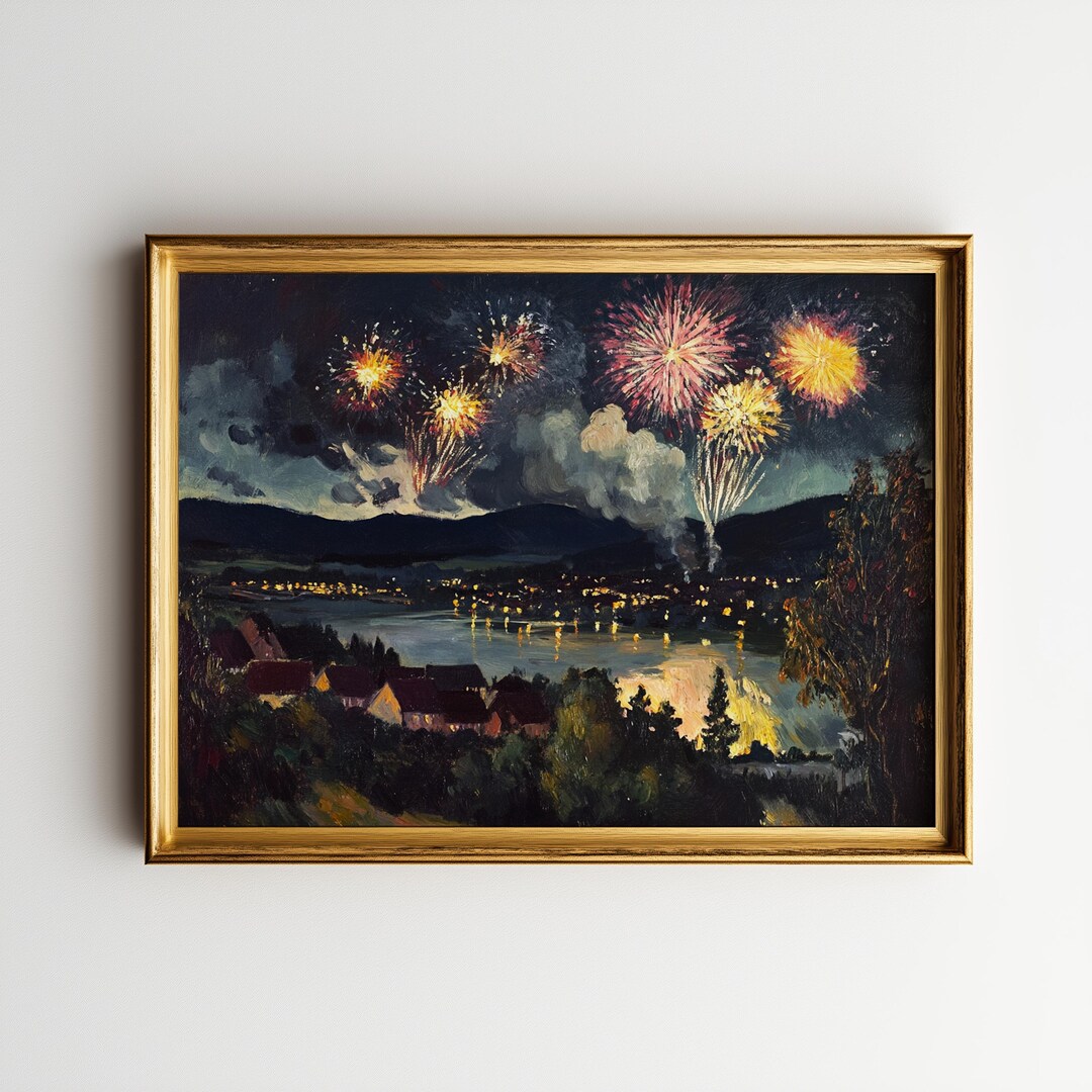 Vintage Fireworks Nightscape - Printable Festive Fireworks Over ...