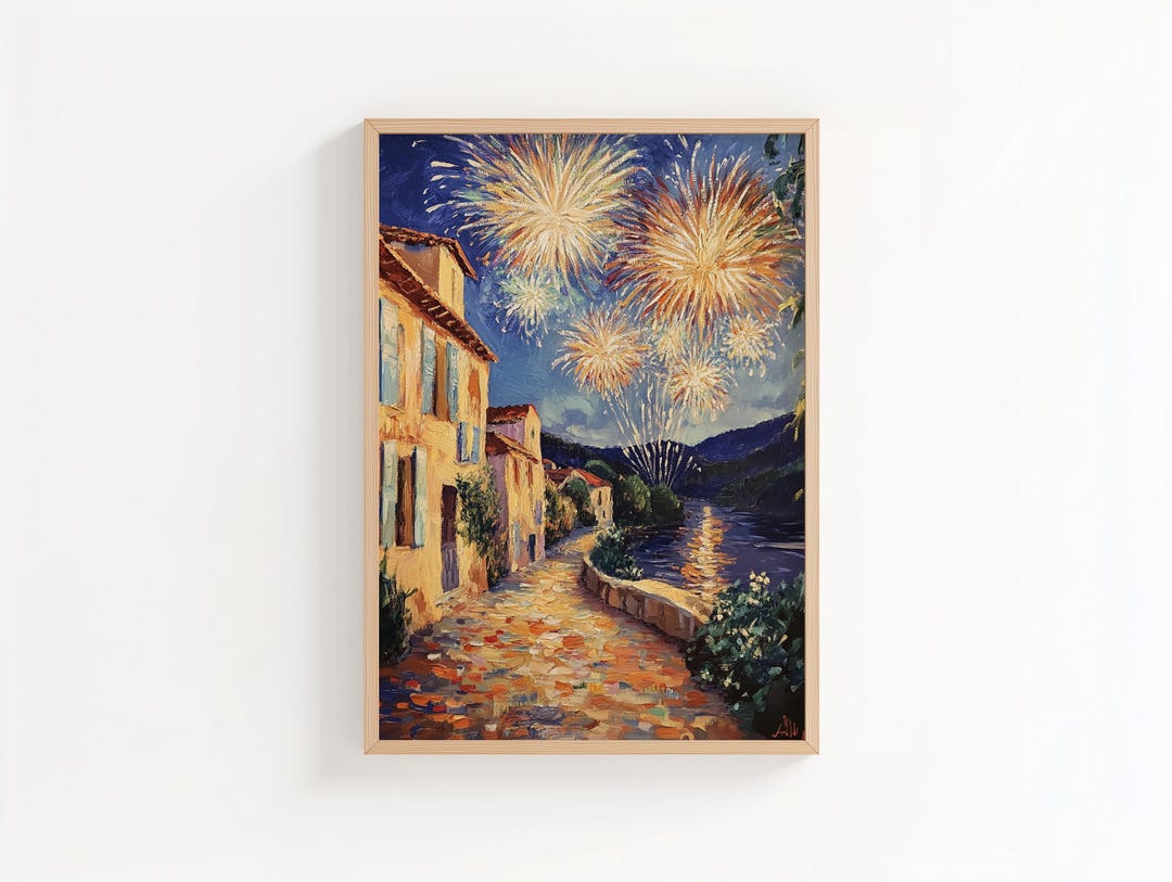 Printable Nighttime Seaside Village Fireworks - Vintage Moody Coastal ...