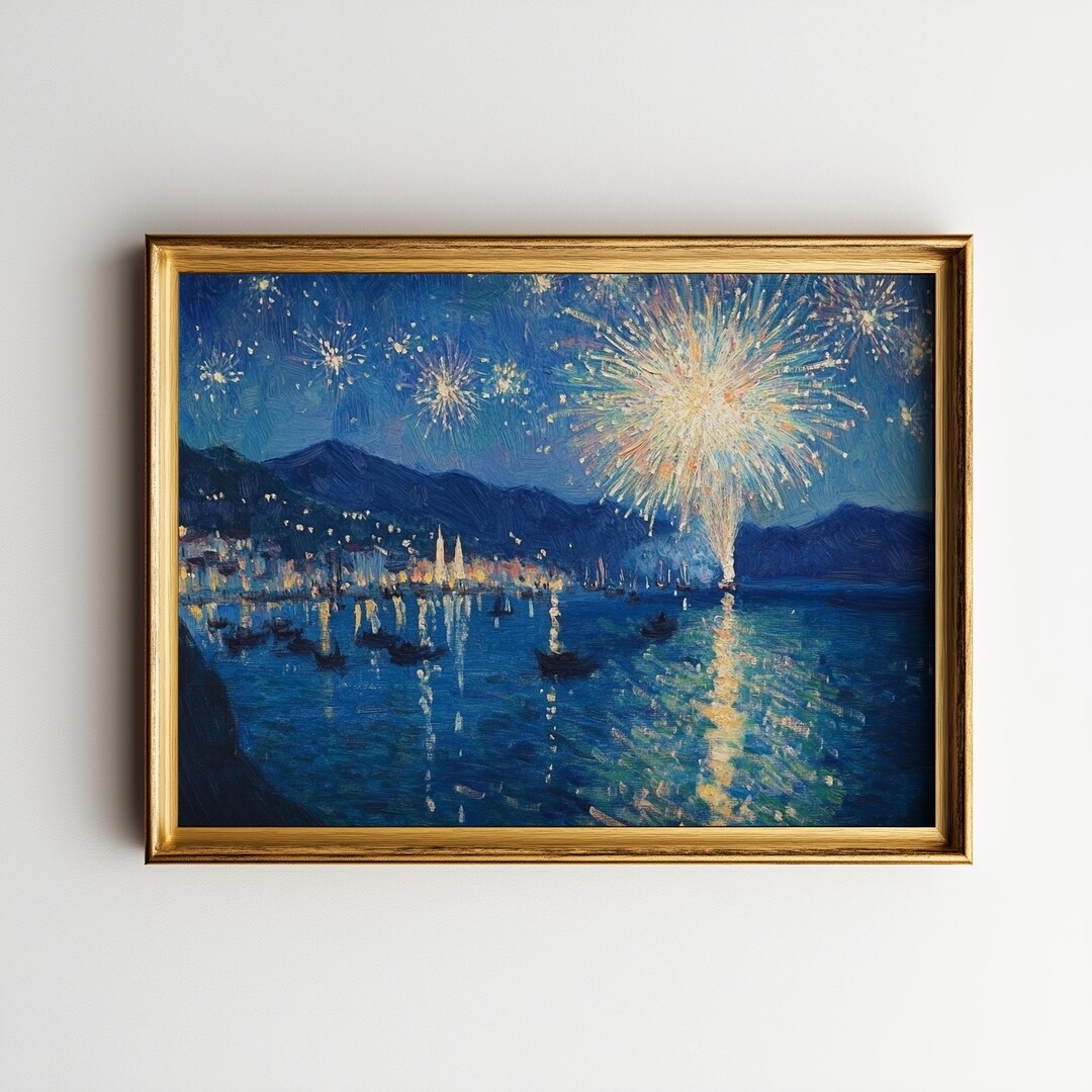 Festive Coastal Fireworks Display - Nautical Nighttime Art, Moody ...