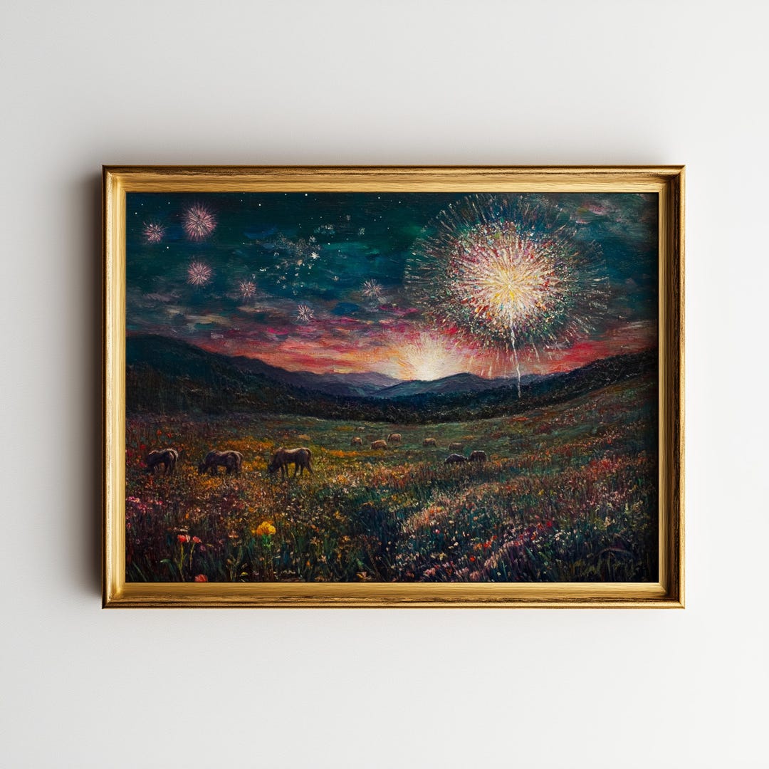 Moody Festive Nightscape - Dramatic Fireworks Over Romantic Pastoral ...