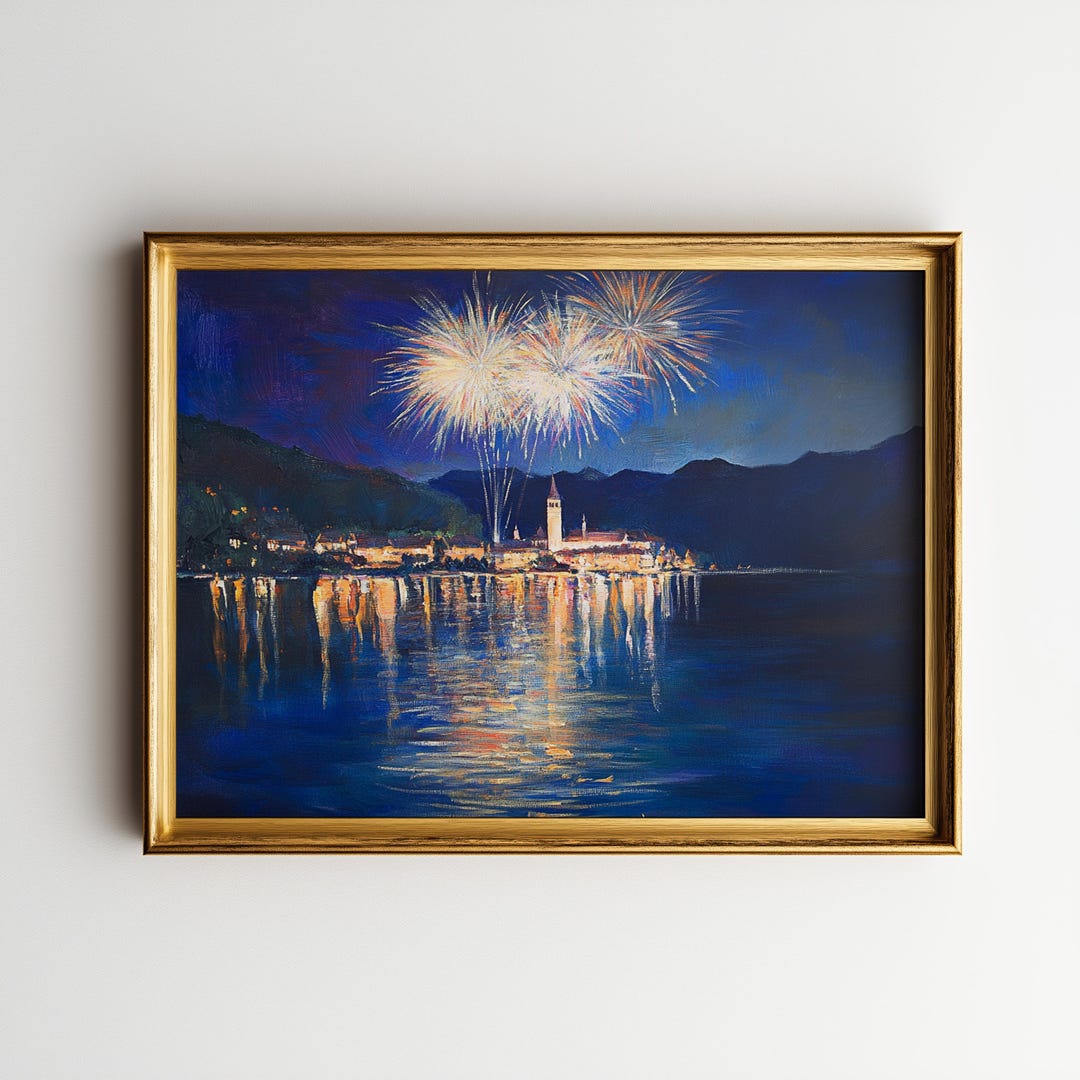 Festive Fireworks Over Lakeside Village - Moody Nightscape, Printable ...