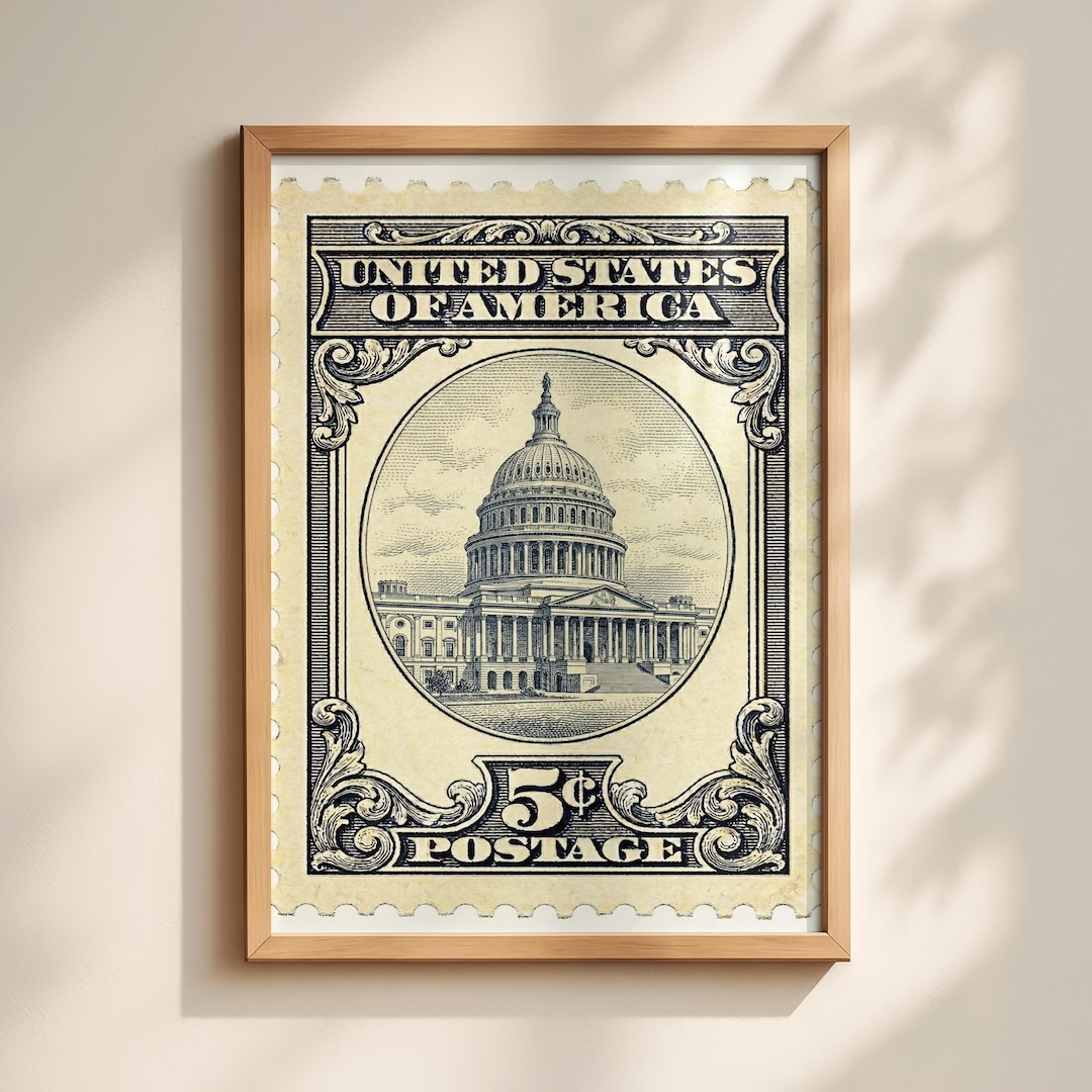Vintage U.S. Capitol Stamp Print, Printable Patriotic Wall Art, Retro ...