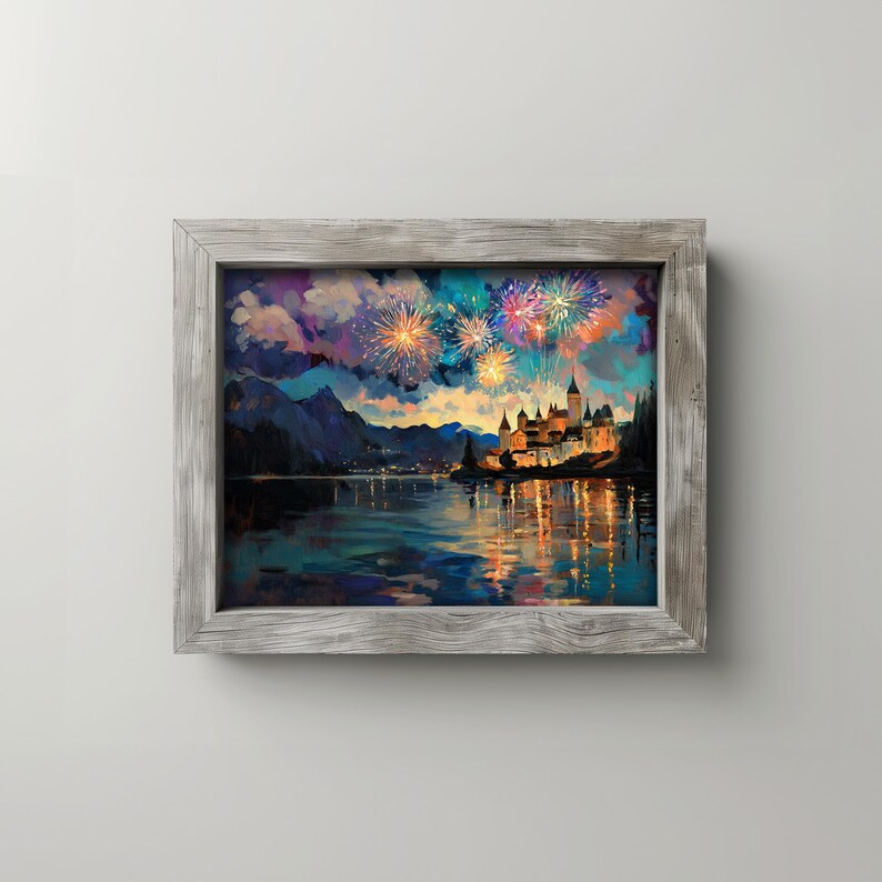Festive Lakeside Fireworks Display - Moody Nightscape Printable Art ...