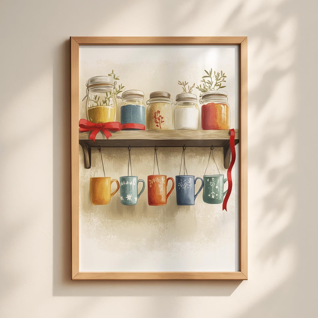 Cottagecore Kitchen Shelf Print – Watercolor Mugs, Farmhouse Decor ...
