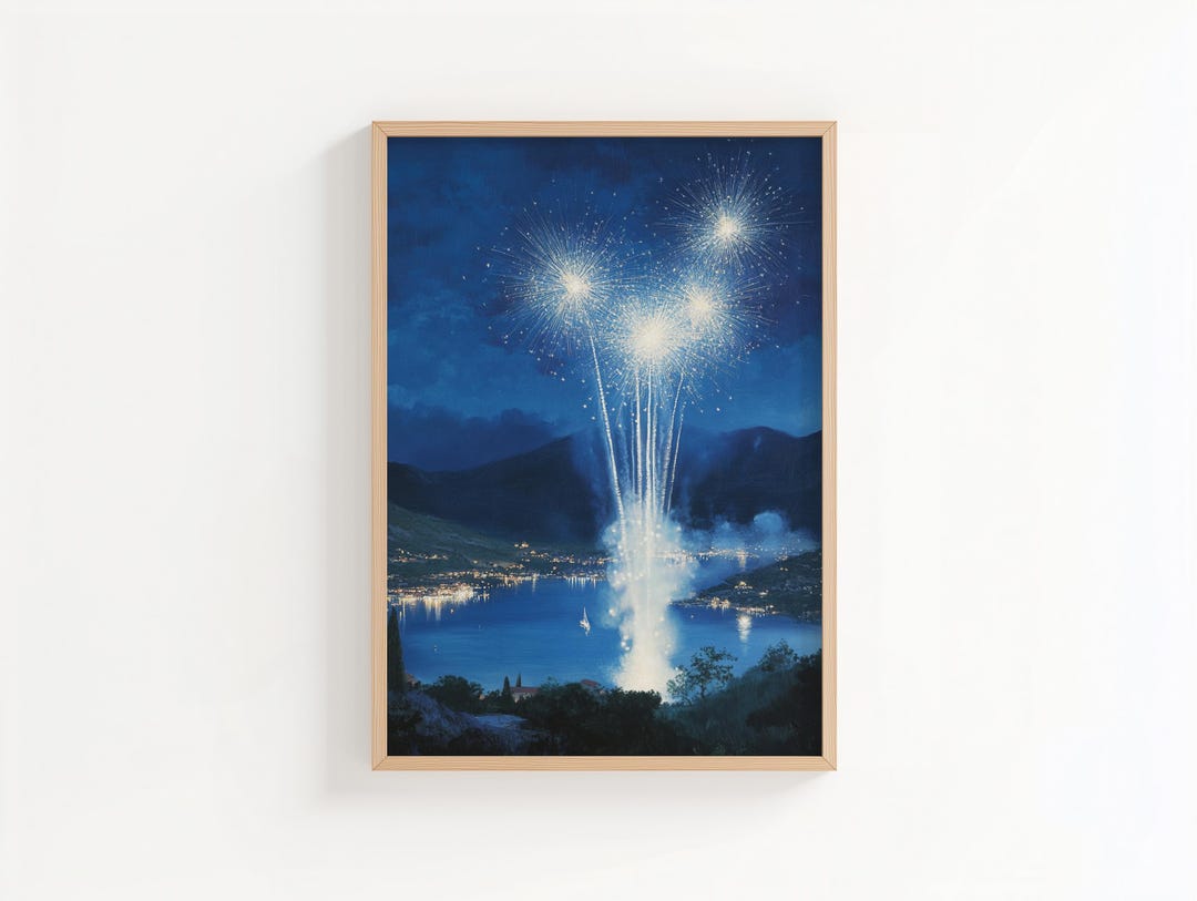 Grand Fireworks Display Painting, Reflections Over Lake, Moody ...