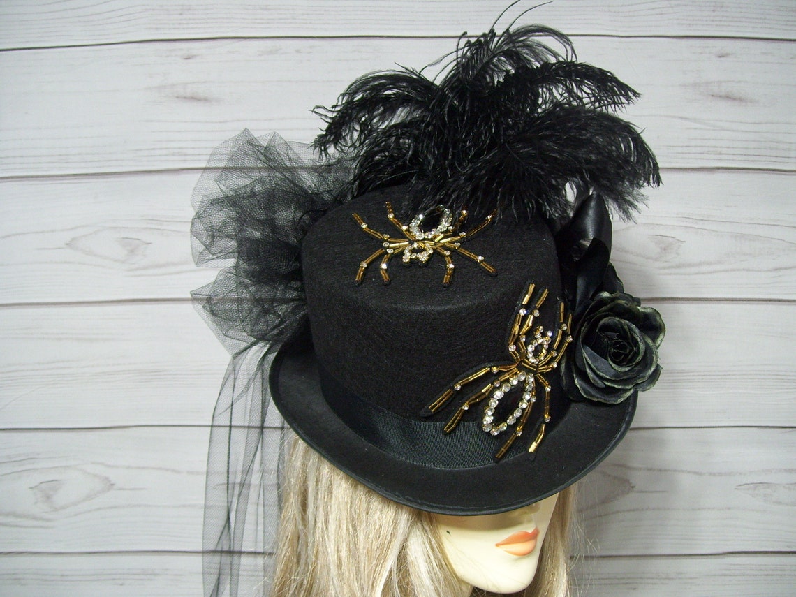 Ladies Black Top Hat, Spiders Halloween Hat, Halloween Party Top Hat ...