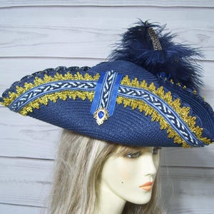 Ladies Navy Straw Pirate Hat, Renaissance Tricorn Hat, Halloween Pirate ...