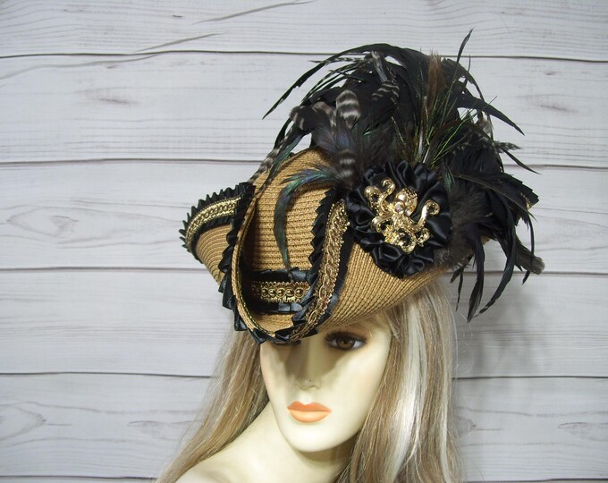 Ladies Tan and Black Straw Pirate Hat, Renaissance Tricorn Hat ...