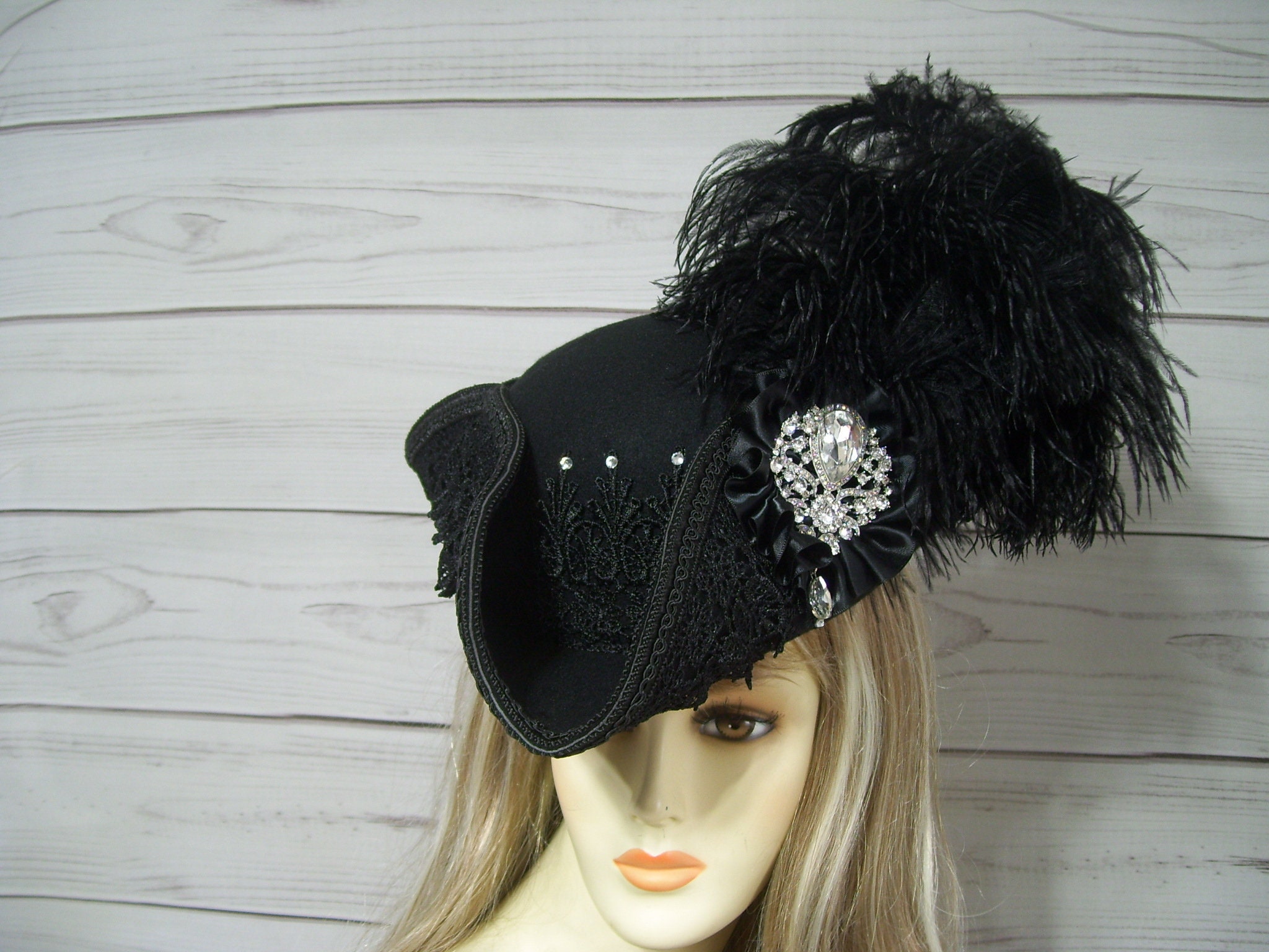 Ladies Black Pirate Hat With Black Venise Lace, Halloween Pirate Hat ...
