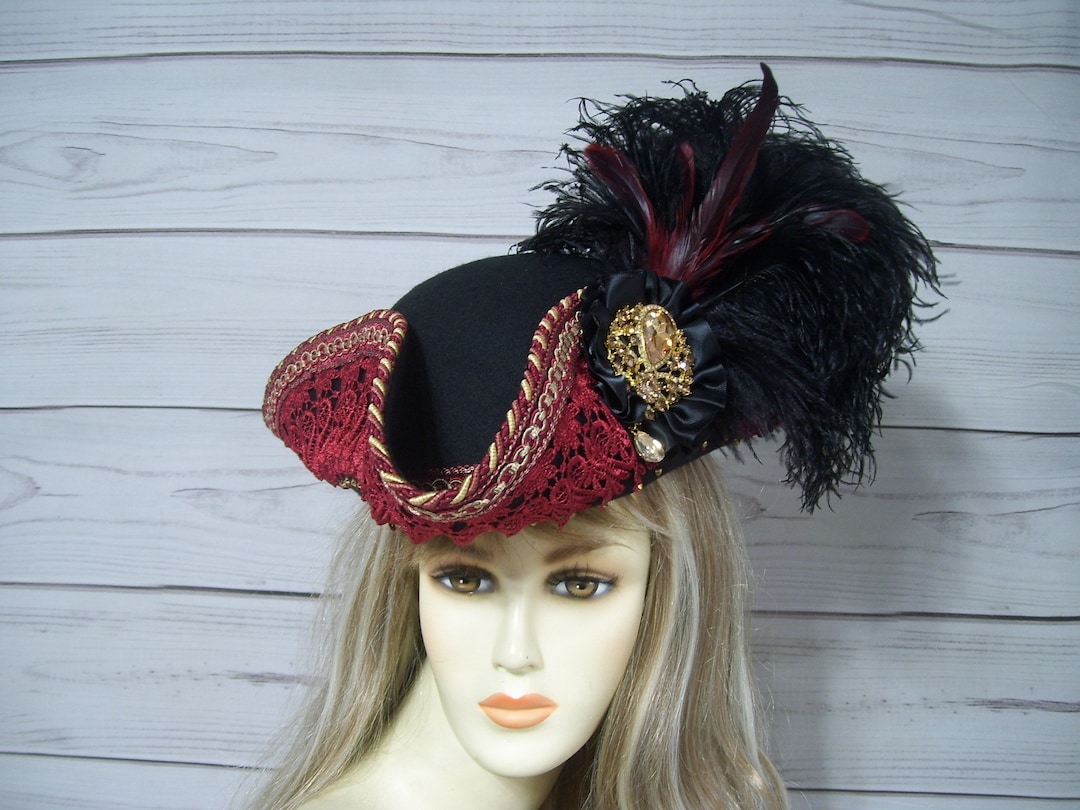 Black and Burgundy Pirate Hat With Venise Lace, Halloween Pirate Hat ...