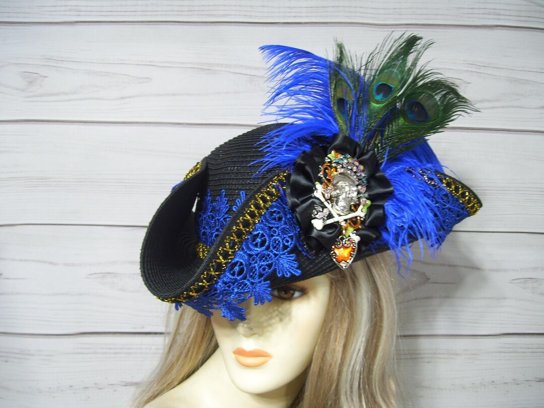 Ladies Black Pirate Hat With Peacock Feathers, Renaissance Tricorn ...