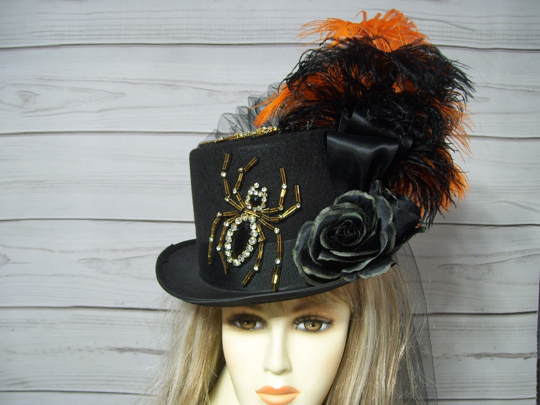 Ladies Black Top Hat, Large Spiders Halloween Hat, Halloween Party Top ...