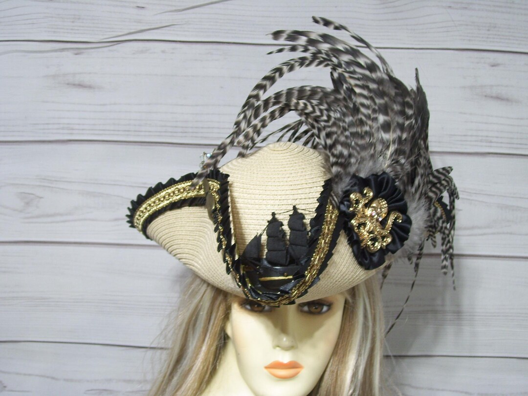 Ladies Tan and Black Straw Pirate Hat, Renaissance Tricorn Hat ...