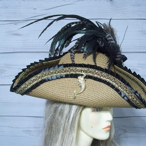 Ladies Tan and Black Straw Pirate Hat, Renaissance Tricorn Hat ...