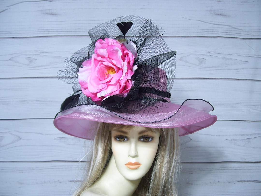 Pink and Black Hat With Large Pink Rose, Kentucky Derby Hat, Easter Hat ...
