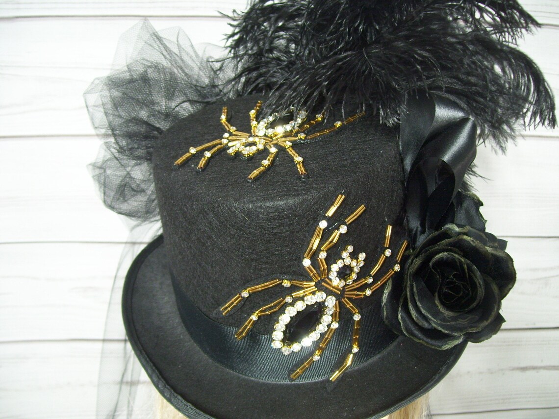 Ladies Black Top Hat, Spiders Halloween Hat, Halloween Party Top Hat ...