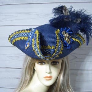 Ladies Navy Straw Pirate Hat, Renaissance Tricorn Hat, Halloween Pirate ...