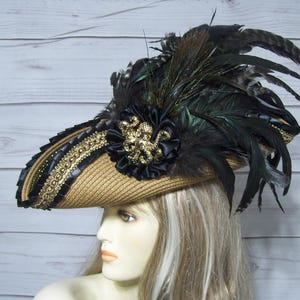 Ladies Tan and Black Straw Pirate Hat, Renaissance Tricorn Hat ...