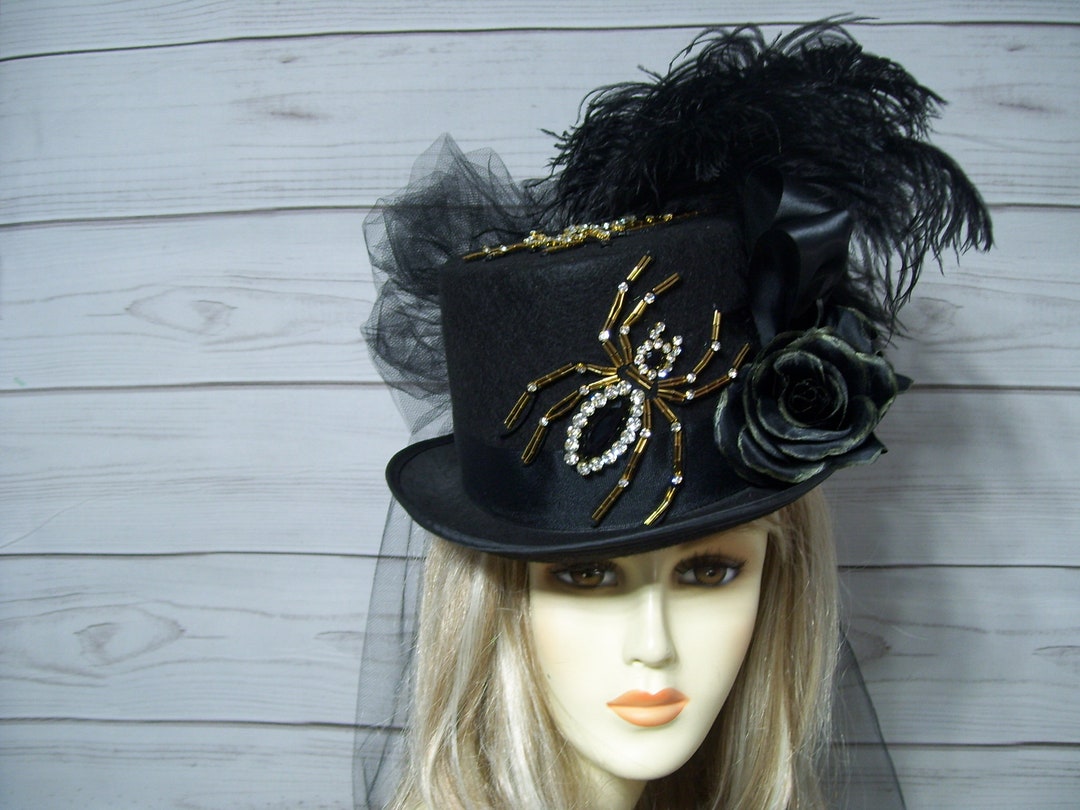 Ladies Black Top Hat, Spiders Halloween Hat, Halloween Party Top Hat ...