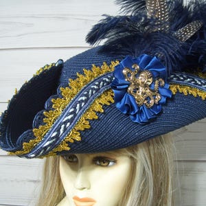 Ladies Navy Straw Pirate Hat, Renaissance Tricorn Hat, Halloween Pirate ...