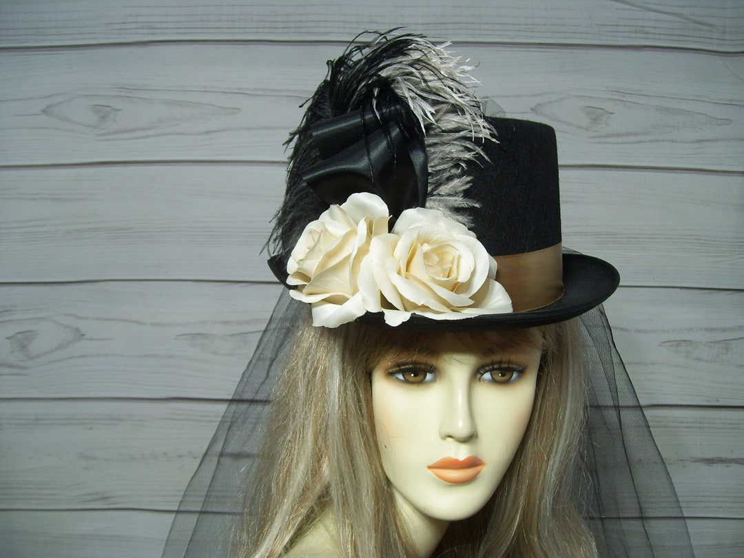 Ladies Black Top Hat With Ivory Roses, Stevie Nicks Inspired Top Hat ...