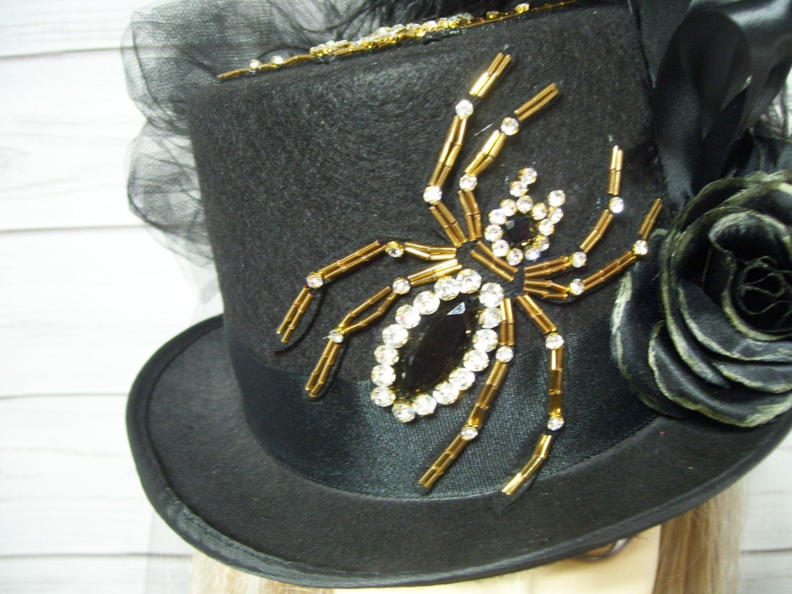 Ladies Black Top Hat, Spiders Halloween Hat, Halloween Party Top Hat ...