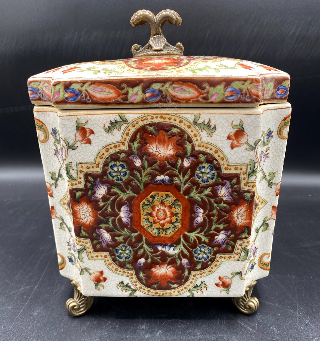 Tall Floral Ceramic Box With Brass Feet. Circa 1990's - Etsy