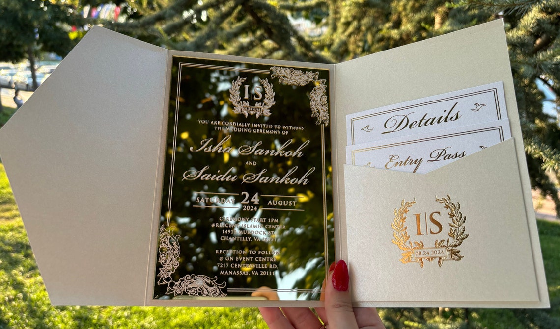 Gold Mirrored Invitation, Mirrored Wedding Invitation, Ivory Pearl ...