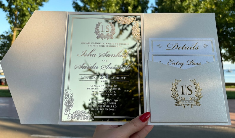 Gold Mirrored Invitation, Mirrored Wedding Invitation, Ivory Pearl ...