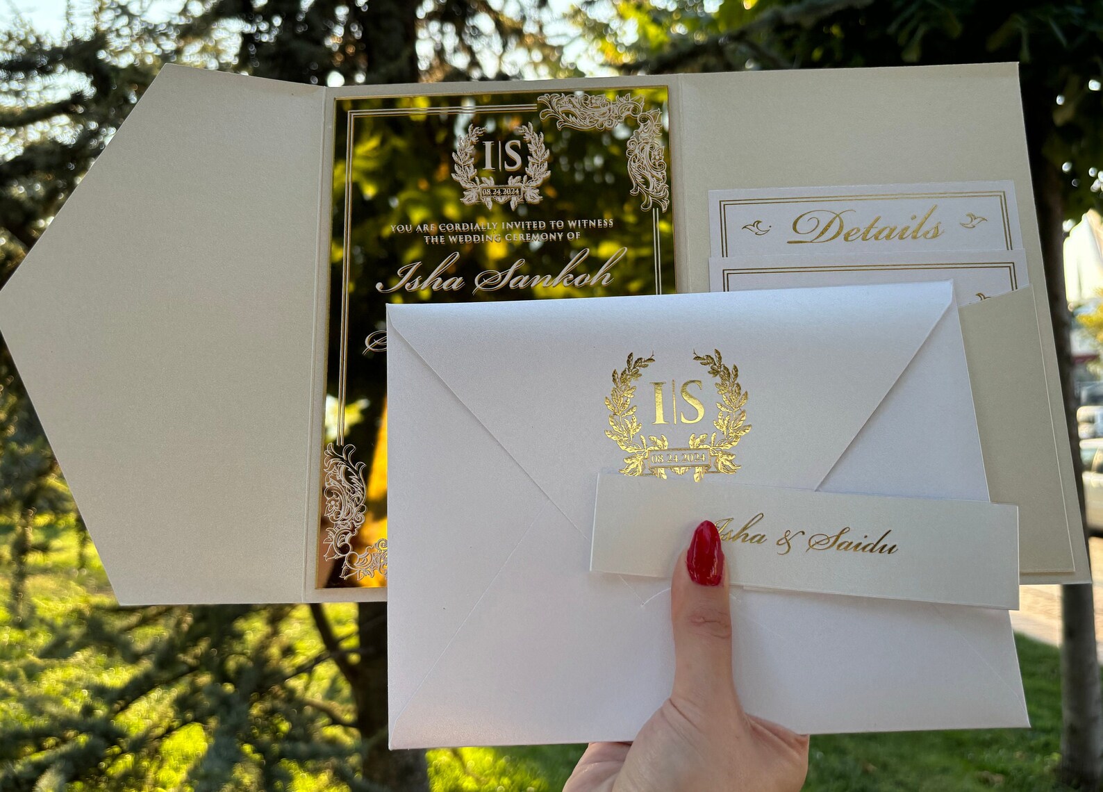 Gold Mirrored Invitation, Mirrored Wedding Invitation, Ivory Pearl ...