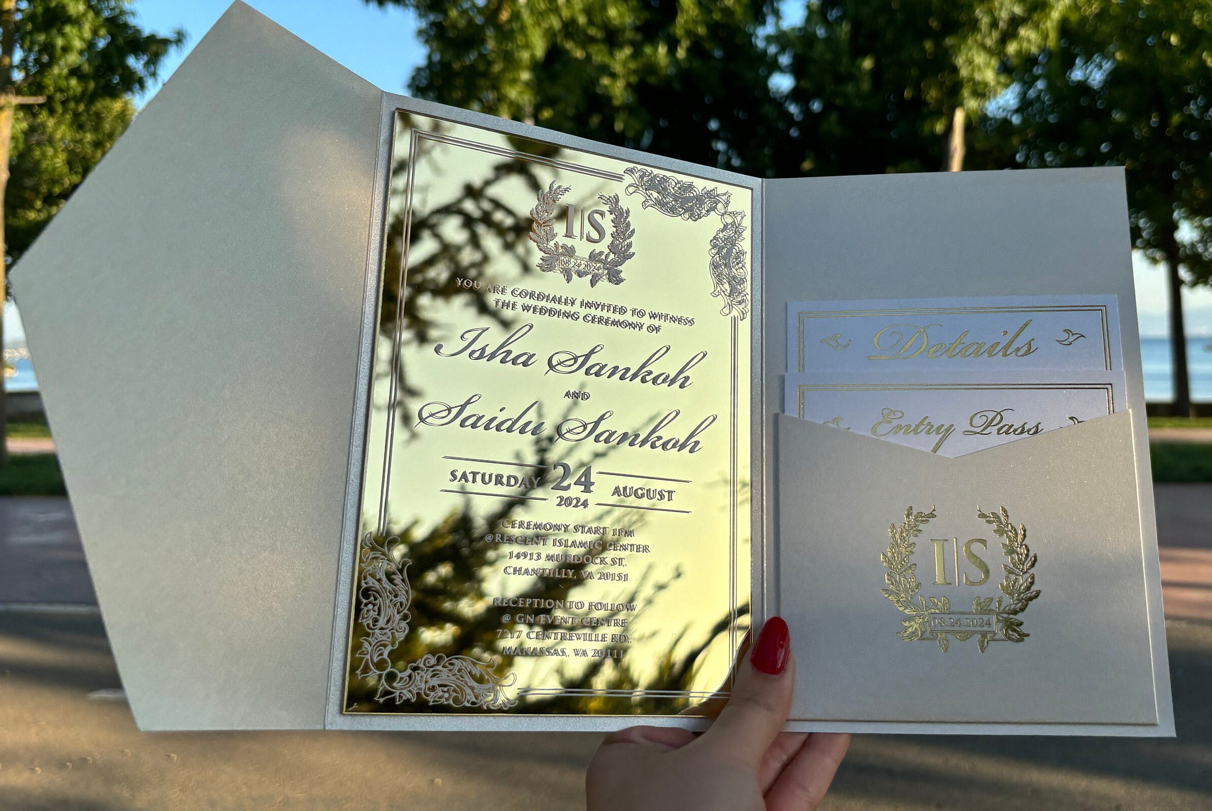 Gold Mirrored Invitation, Mirrored Wedding Invitation, Ivory Pearl ...