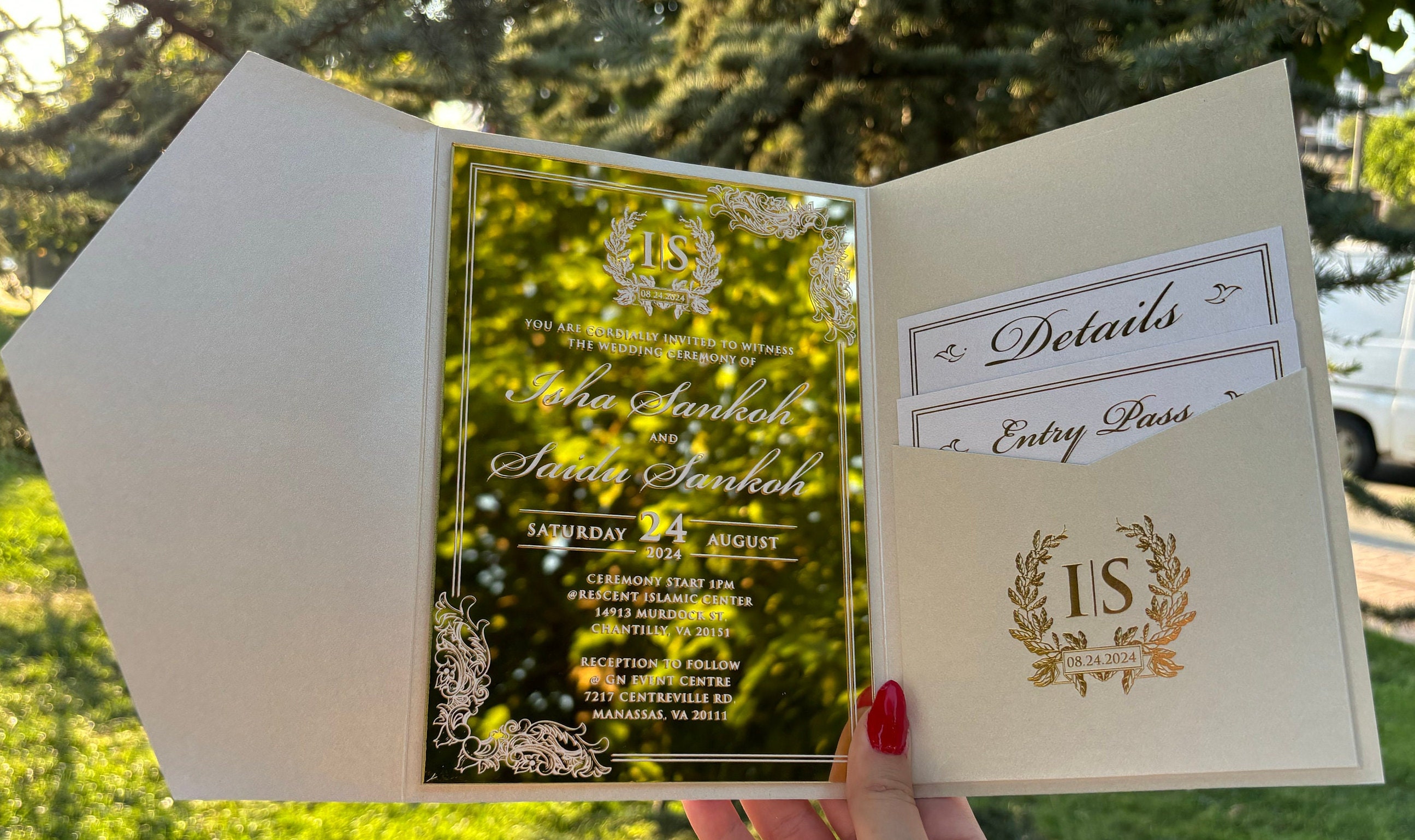 Gold Mirrored Invitation, Mirrored Wedding Invitation, Ivory Pearl ...