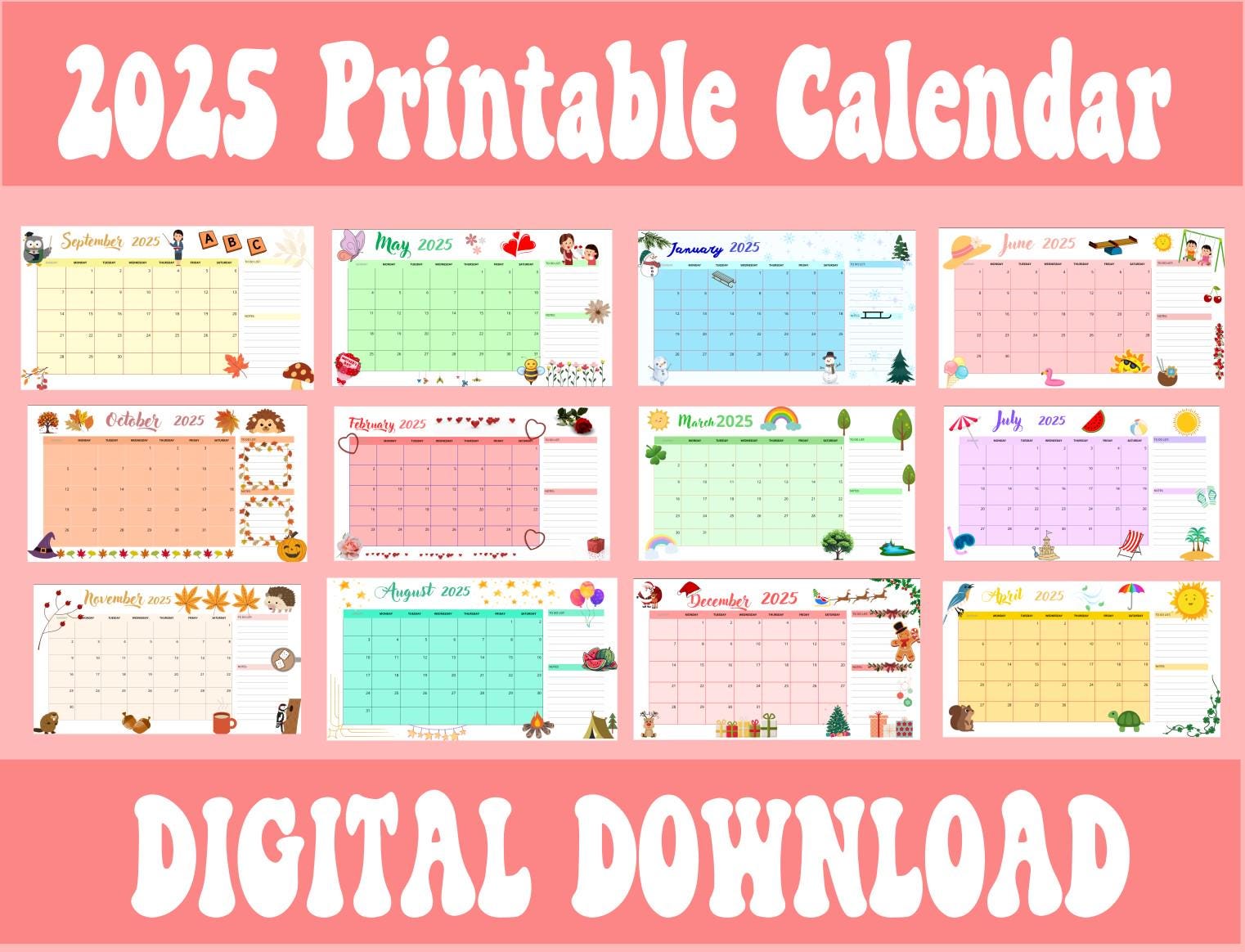 2025 Calendar Printable - Cute Kids Calendar, Wall Calendar PDF, Kids ...