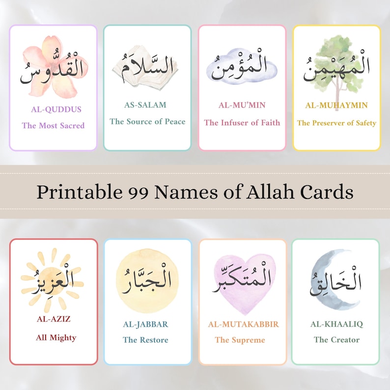 99 Names of Allah Flashcards | Printable Digital Download | Arabic ...