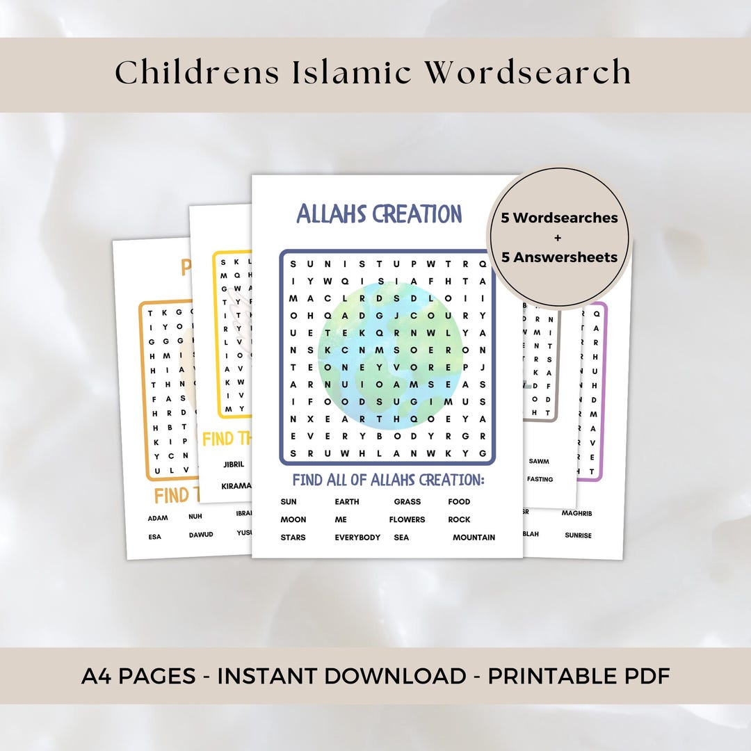 Islamic Word Search for Kids: 5 Printable Games With Answer Sheets ...