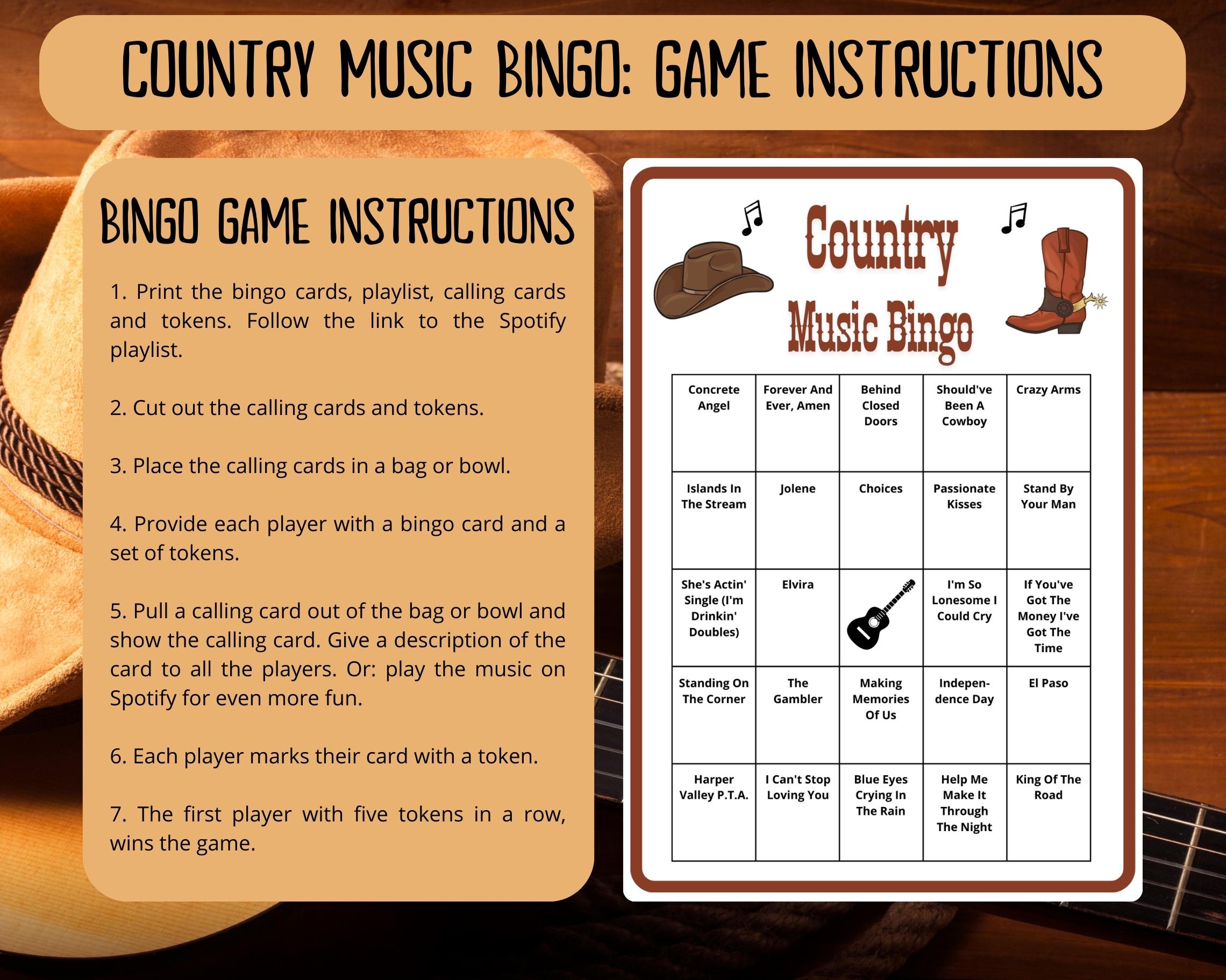 Country Music Bingo - 60 Bingo Cards - Western Bingo - Musical Bingo ...