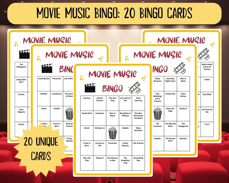 20 Movie Music Bingo Cards Music Bingo Game Movie Bingo Spotify ...