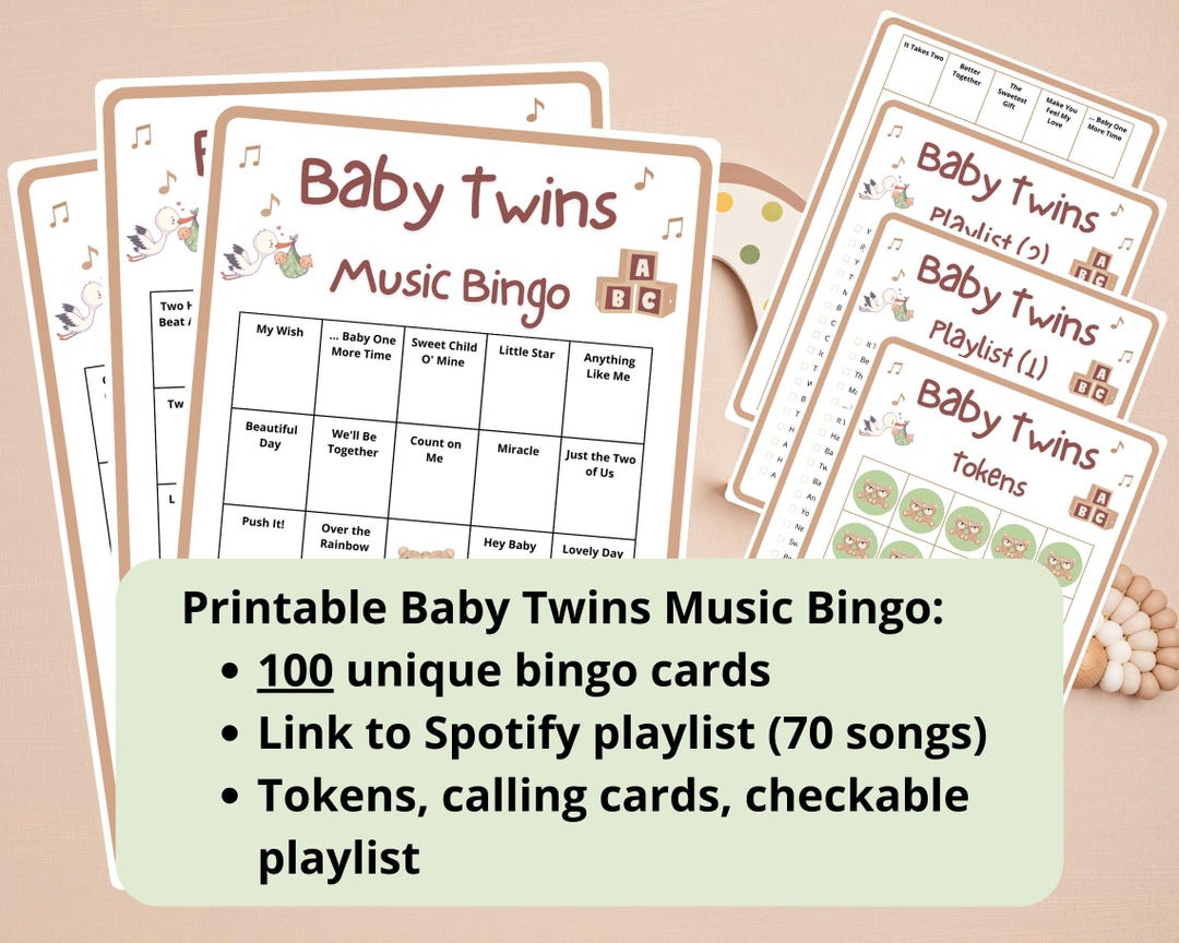 100 Baby Twins Music Bingo Cards Music Bingo Neutral Twin Baby Shower ...