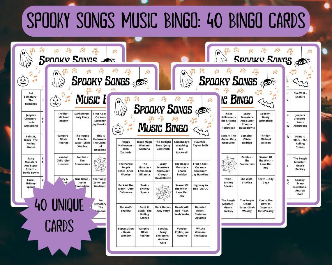 40 Spooky Songs Music Bingo Cards - Halloween Bingo - Music Playlist ...