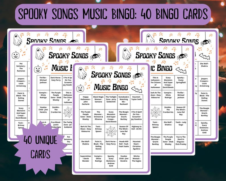 40 Spooky Songs Music Bingo Cards - Halloween Bingo - Music Playlist ...