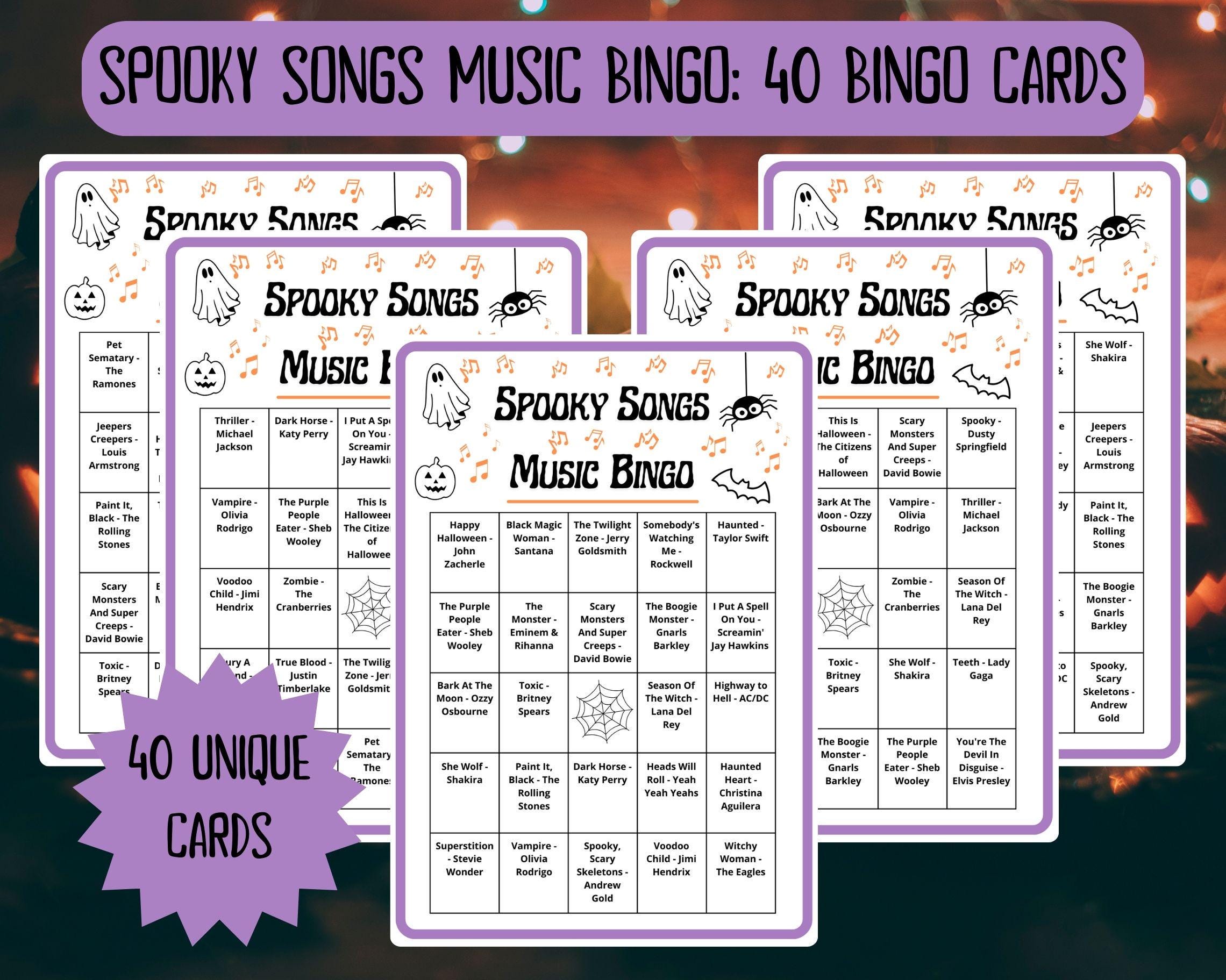 40 Spooky Songs Music Bingo Cards - Halloween Bingo - Music Playlist ...