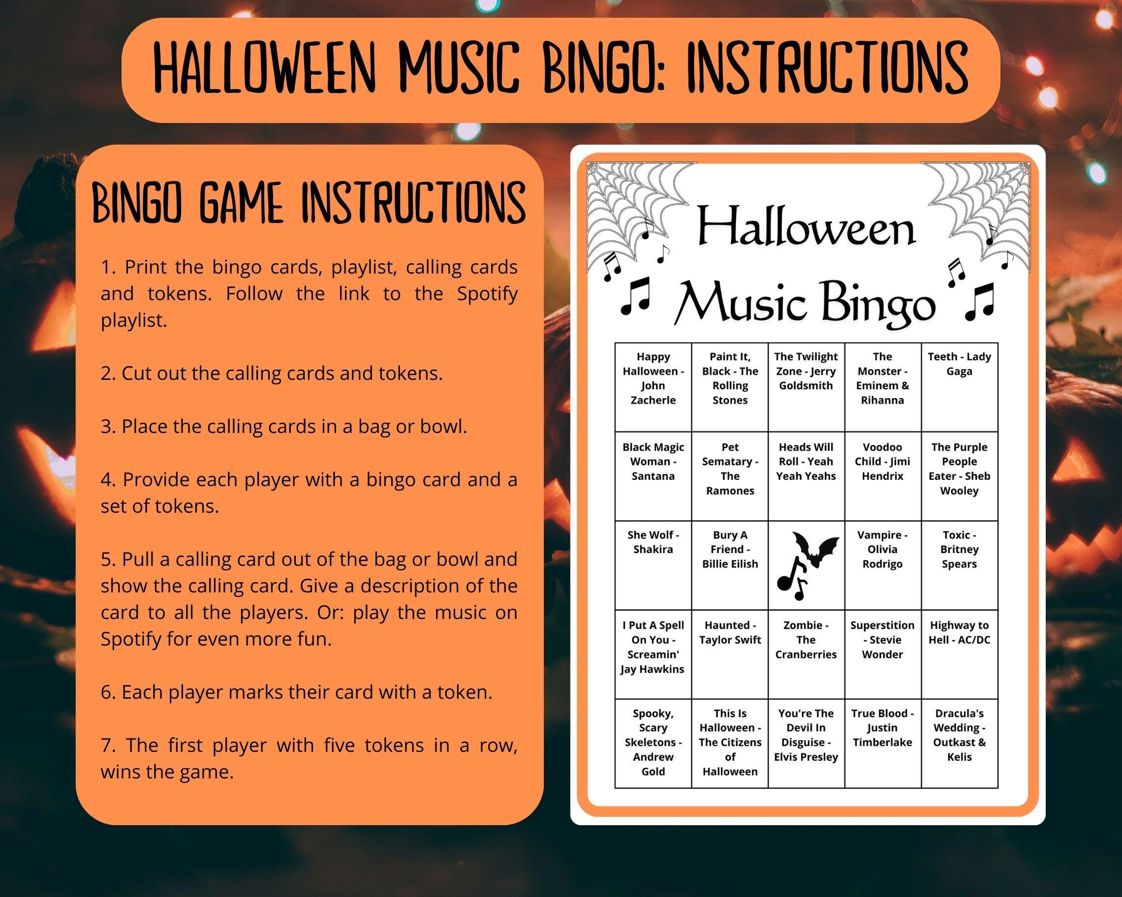 60 Halloween Music Bingo Cards Spooky Songs Game Halloween Bingo Friend ...