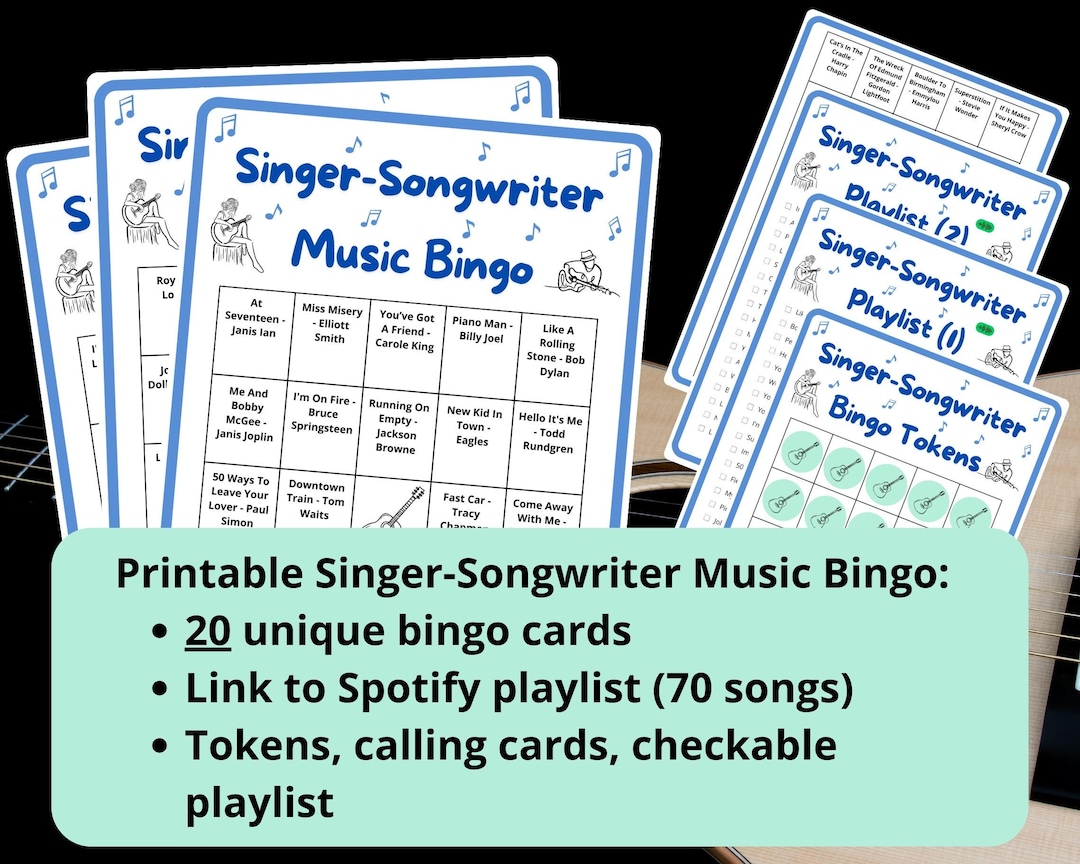 20 Singer-songwriter Music Bingo Cards - Music Bingo - 70's 80's 90's ...